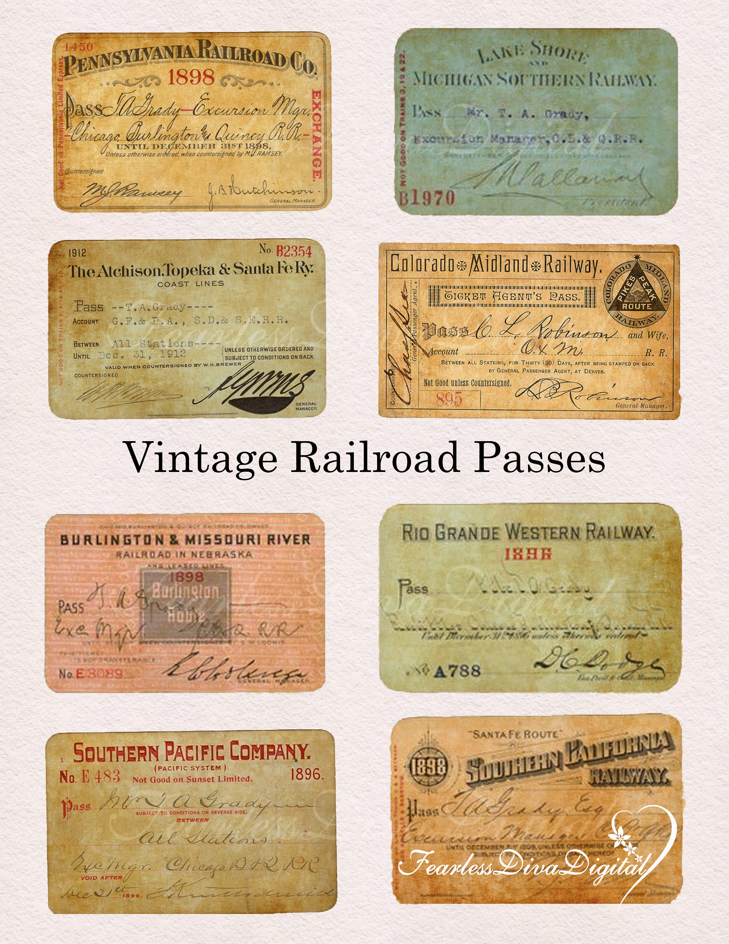 Digital Vintage Railroad Passes PRINTABLE Instant Download 8.5x11 Inch ...