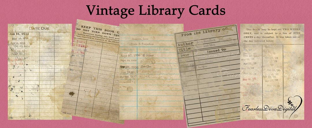 Library Cards PRINTABLE Junk Journal Embellishment Scrapbook Ephemera 5 ...