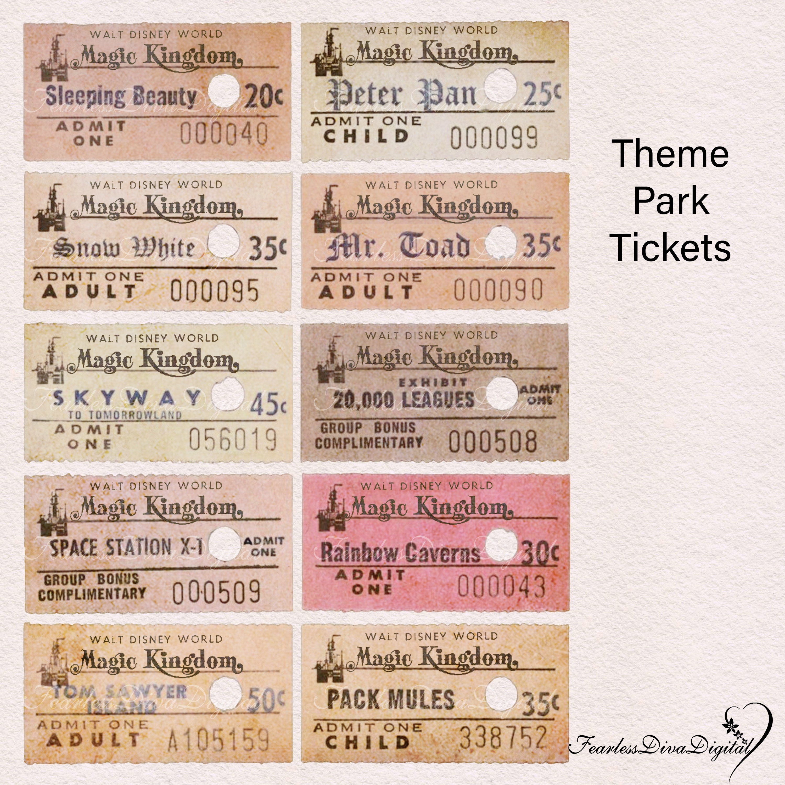 PRINTABLE Digital Vintage Theme Park Tickets Antique Tickets Magic ...