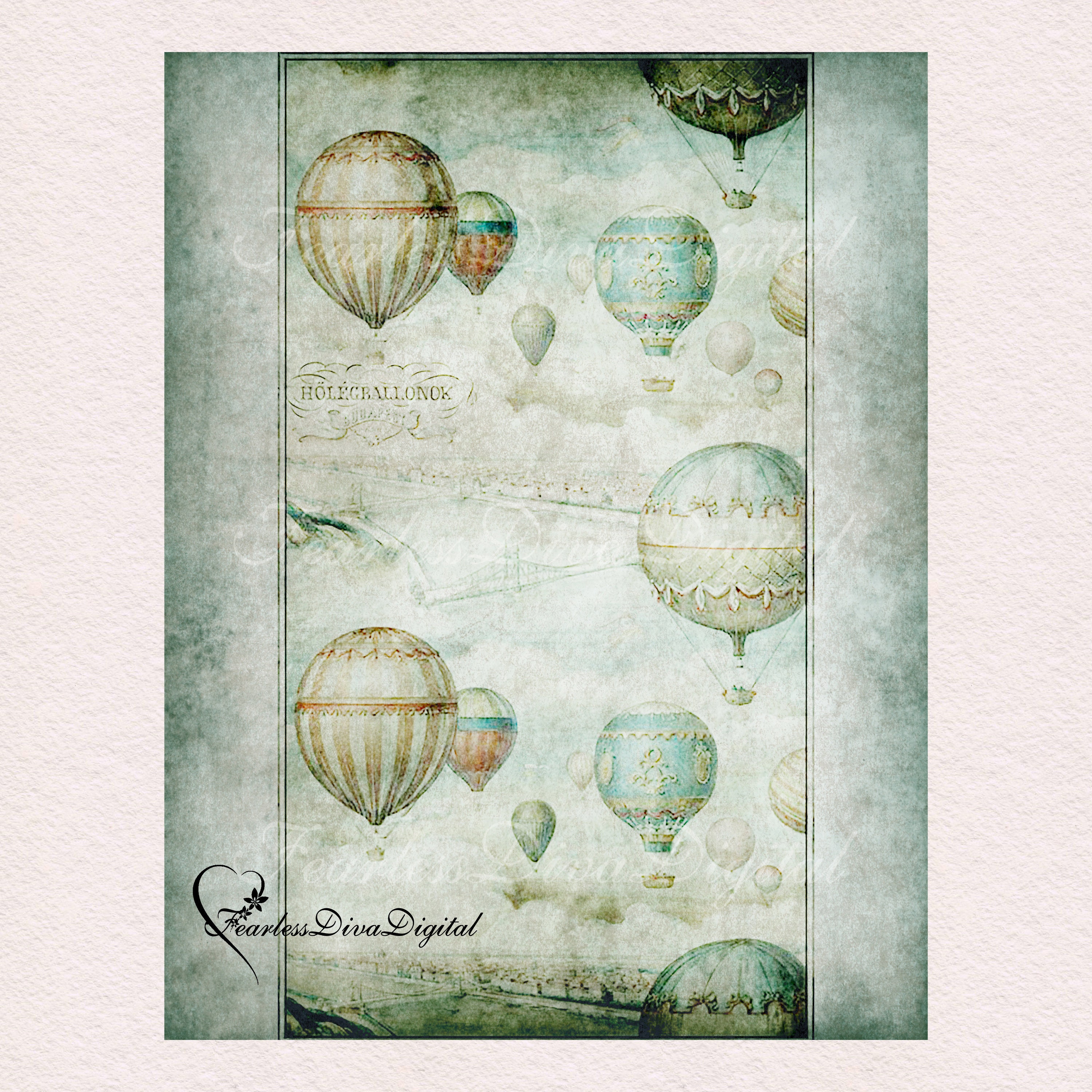 Digital Vintage Hot Air Balloon Scrapbook Paper Shabby Chic Scrapbook ...
