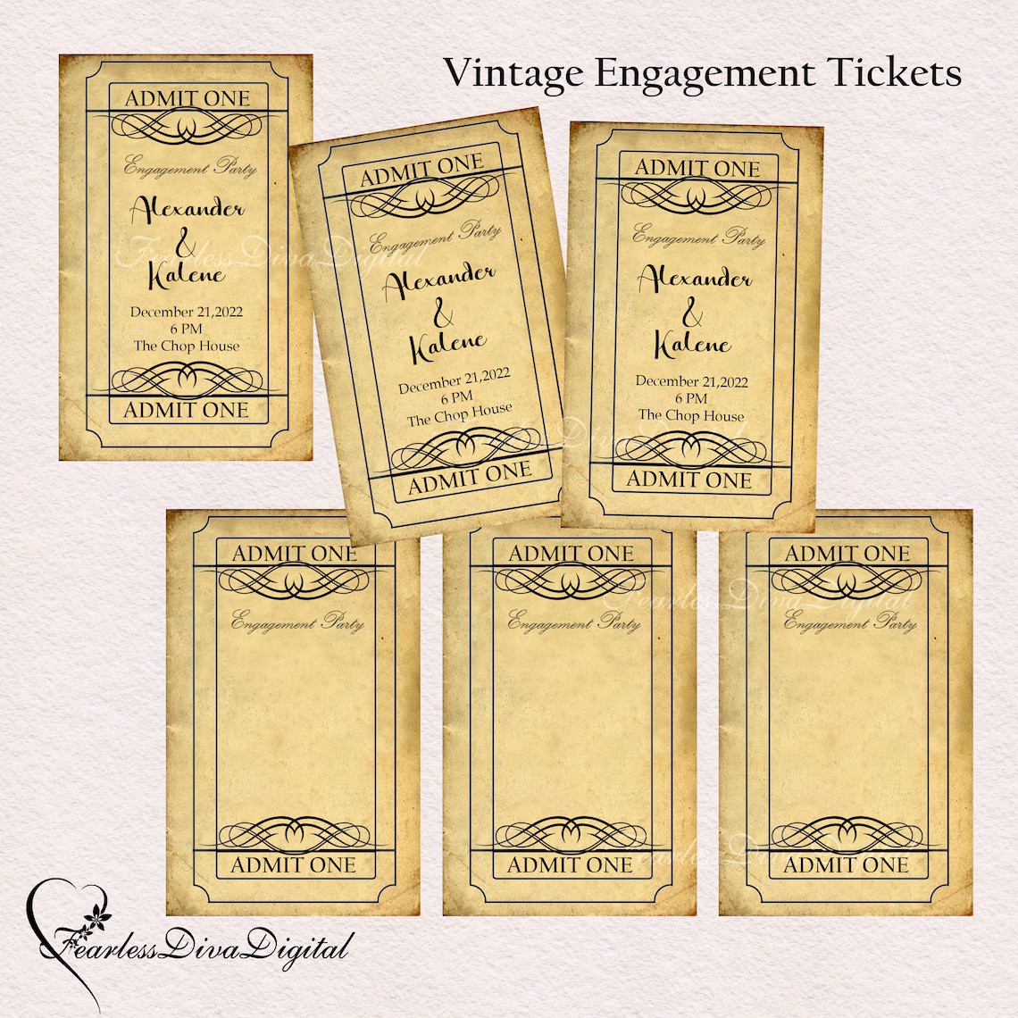 PRINTABLE Digital Vintage Engagement Tickets Instant Download 2.5x4 ...