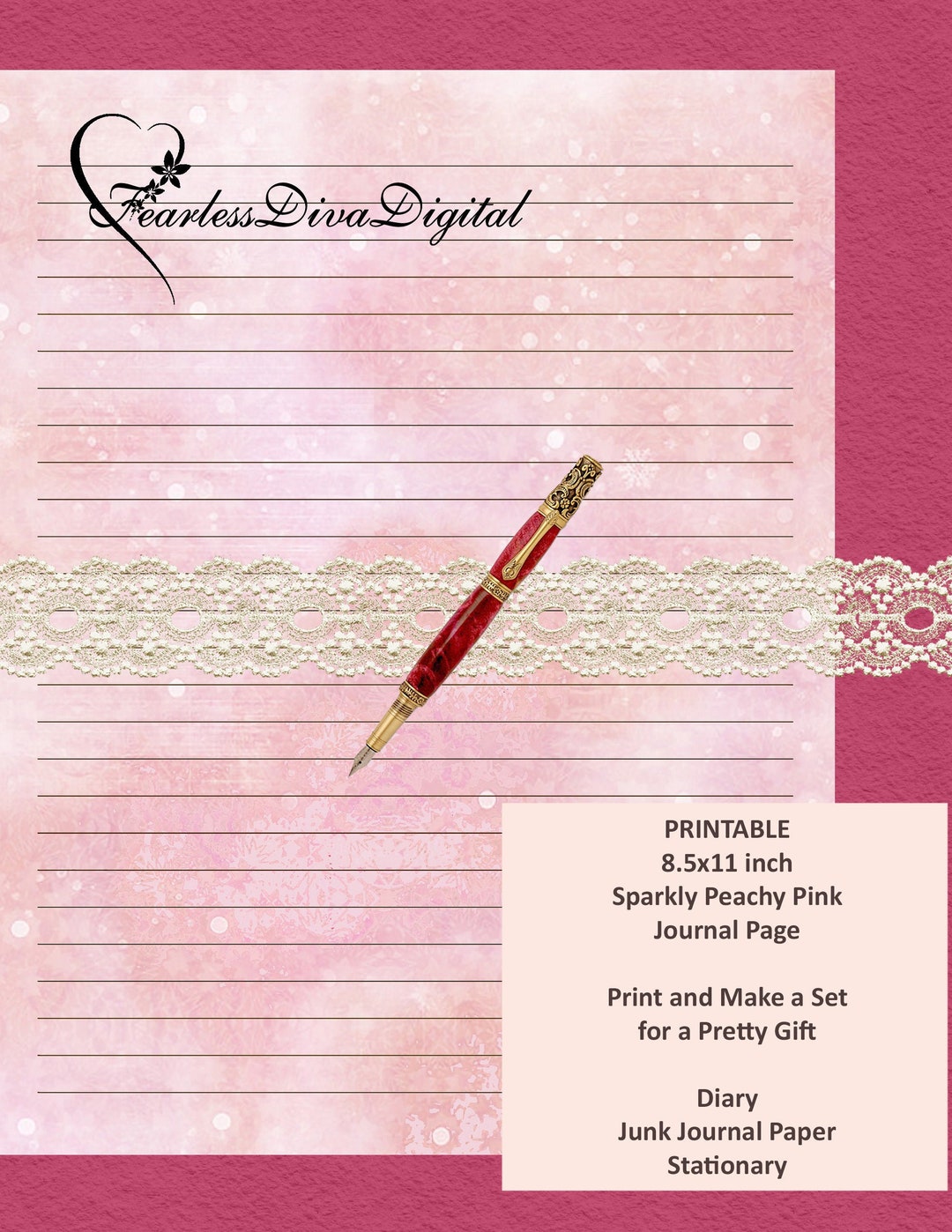 PRINTABLE Digital Sparkling Pink Journal Page Diary Paper Journal Paper ...