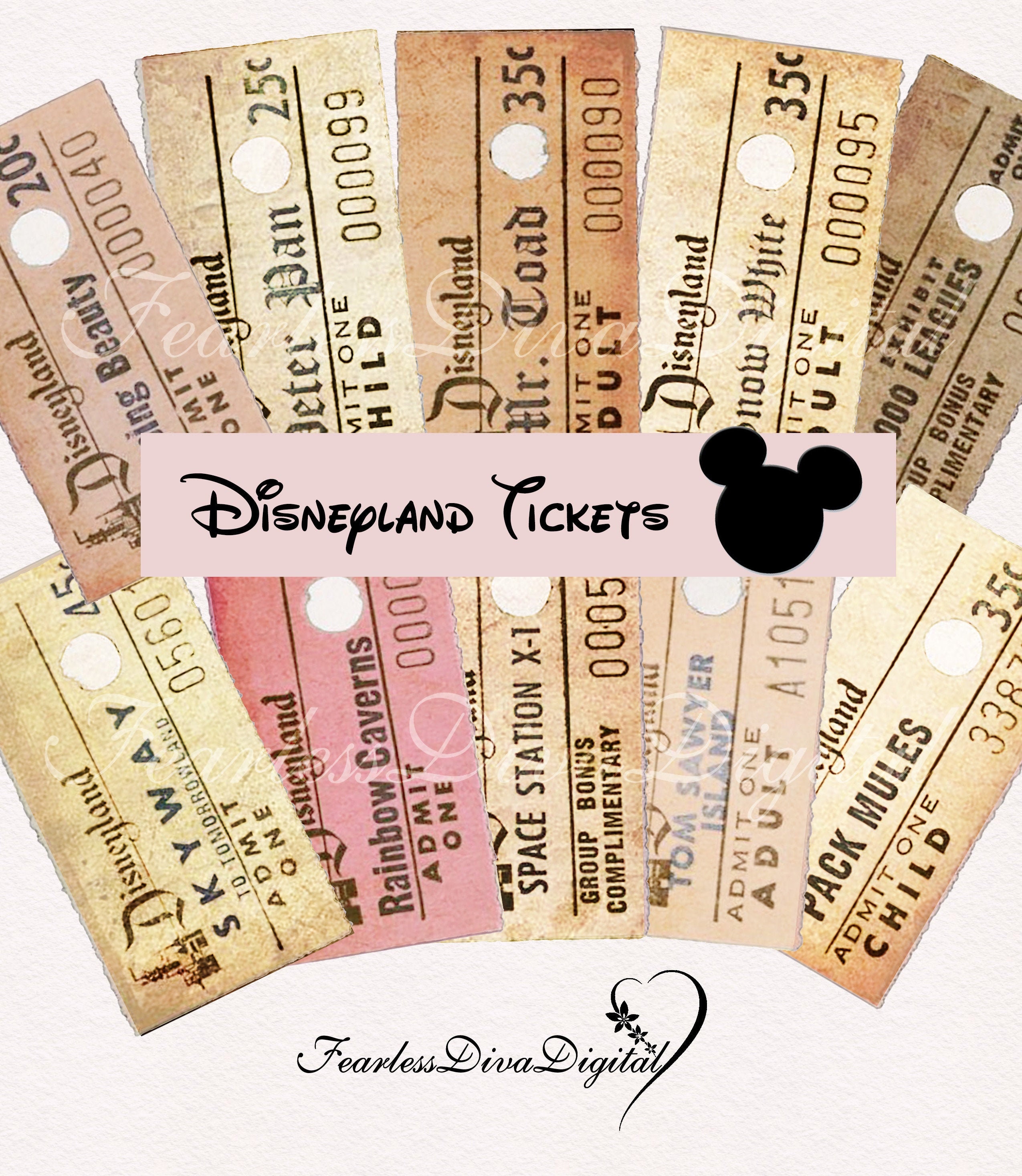 PRINTABLE Digital Vintage Disneyland Tickets Antique Tickets Sheet of ...