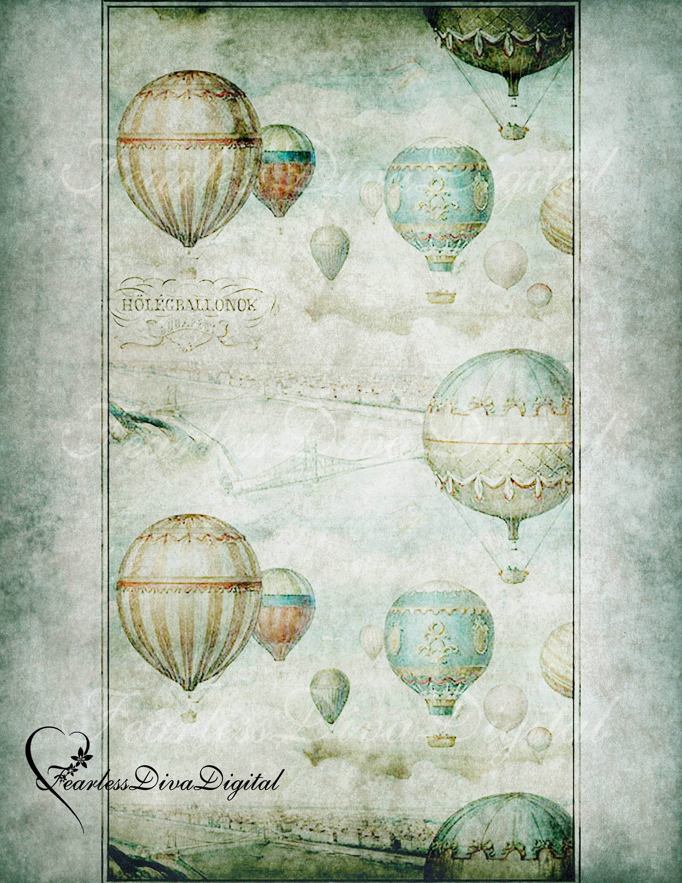 Digital Vintage Hot Air Balloon Scrapbook Paper Shabby Chic Scrapbook ...