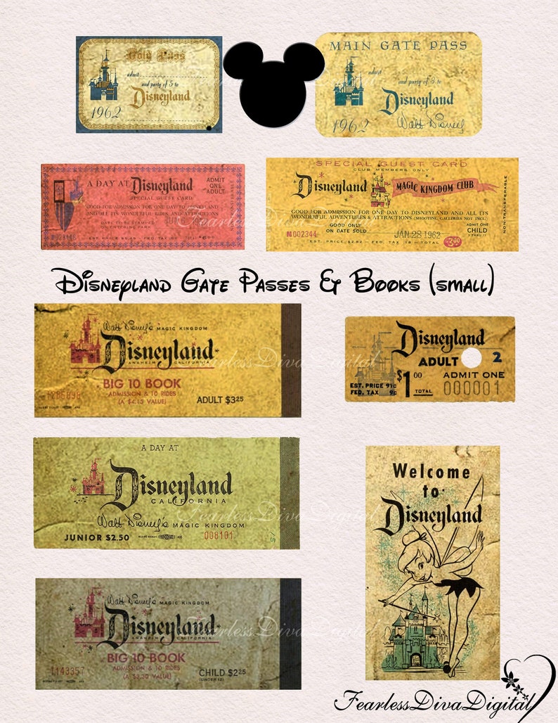 Digital Vintage Disneyland Gate Passes and Books SMALL Made for Junk ...