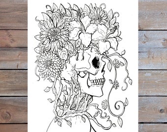 Gothic Skull Coloring Page for Adults Bark Queen Flower | Etsy
