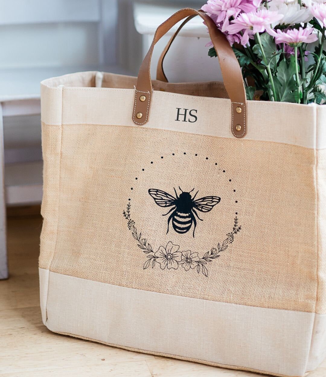 Personalised Jute Bag Leather Handle Shopper Monogramed Beach Bag