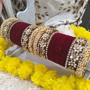 Maroon Velvet Bridal Bangle Set With Stone Kundan Flower Mirror Kada ...