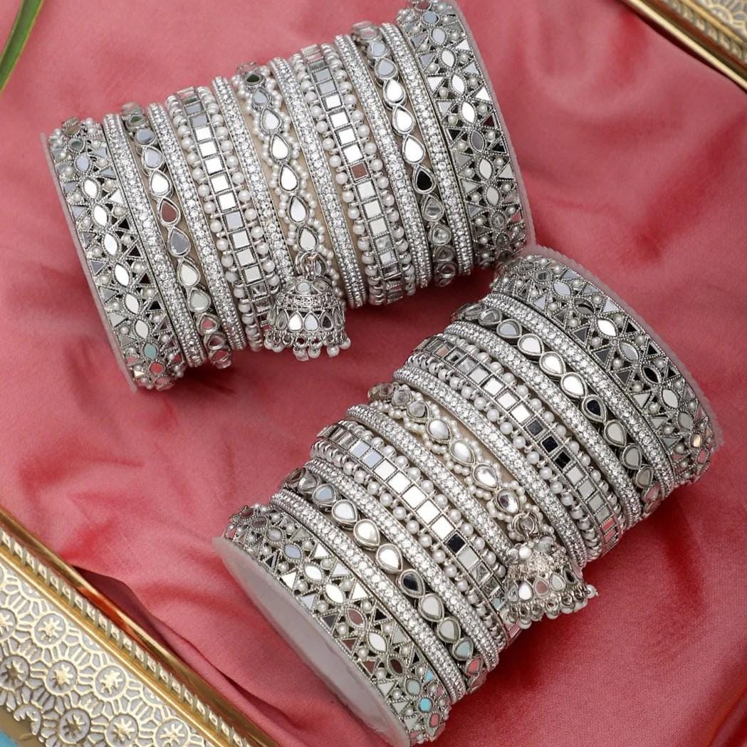 Stone Mirror Jhumka Bangle Set, Wedding Bangles, Indian Asian Bangles ...