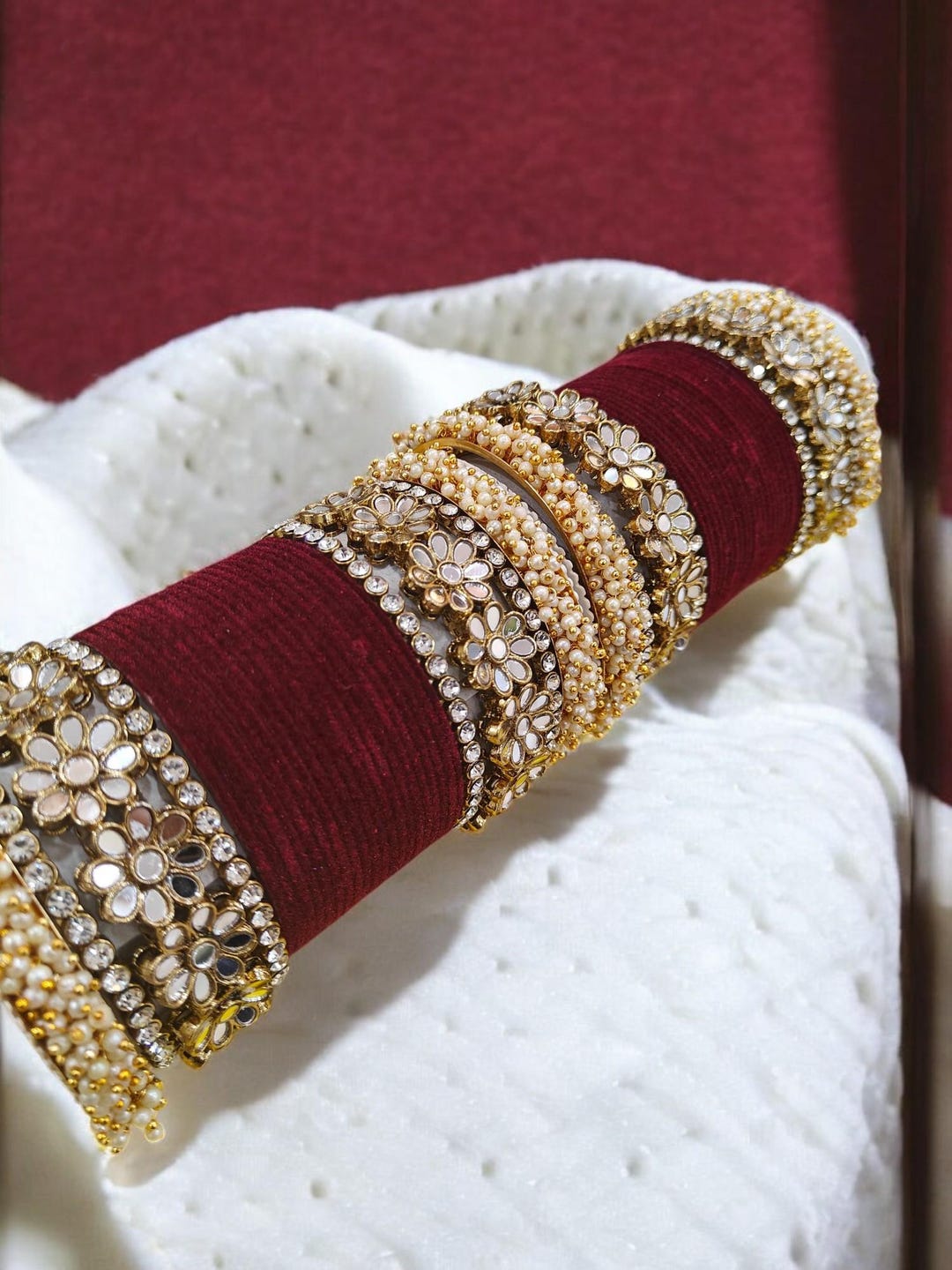 Maroon Velvet Bridal Bangle Set With Stone Kundan Flower Mirror Kada ...
