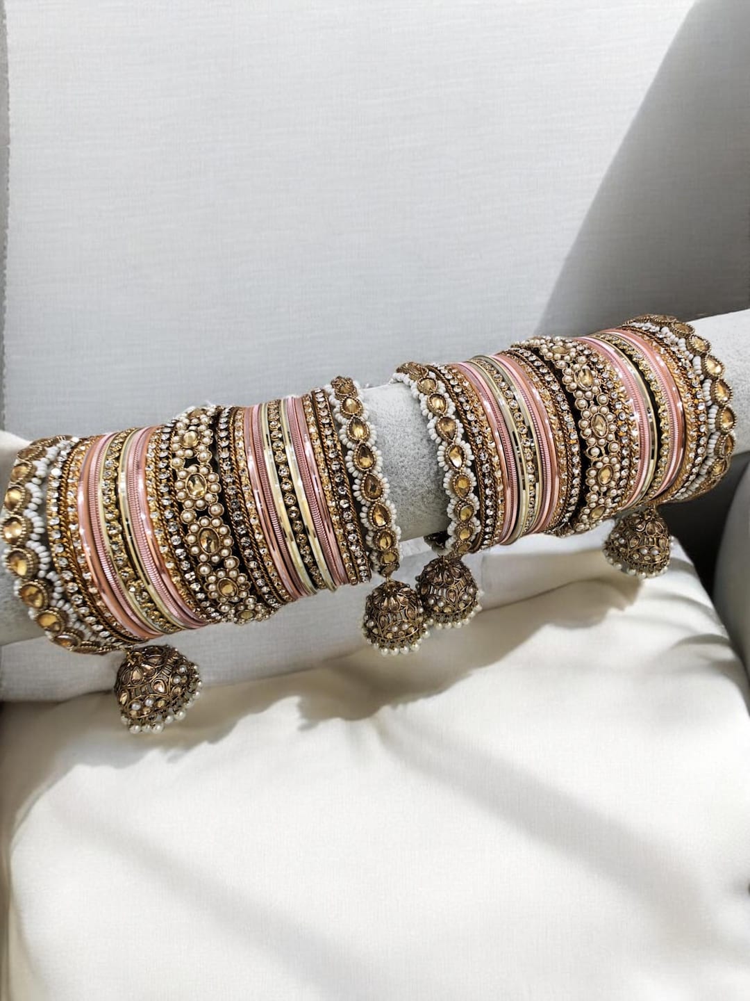 Rose Gold Indian Bridal Bangles Set, Pearl Kundan Stone Jhumki Bangles ...