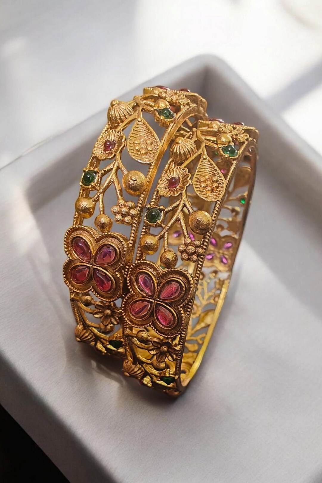 Indian Golden Matte Finish Kada Bangles Set, 22k Gold Plated, Antique ...