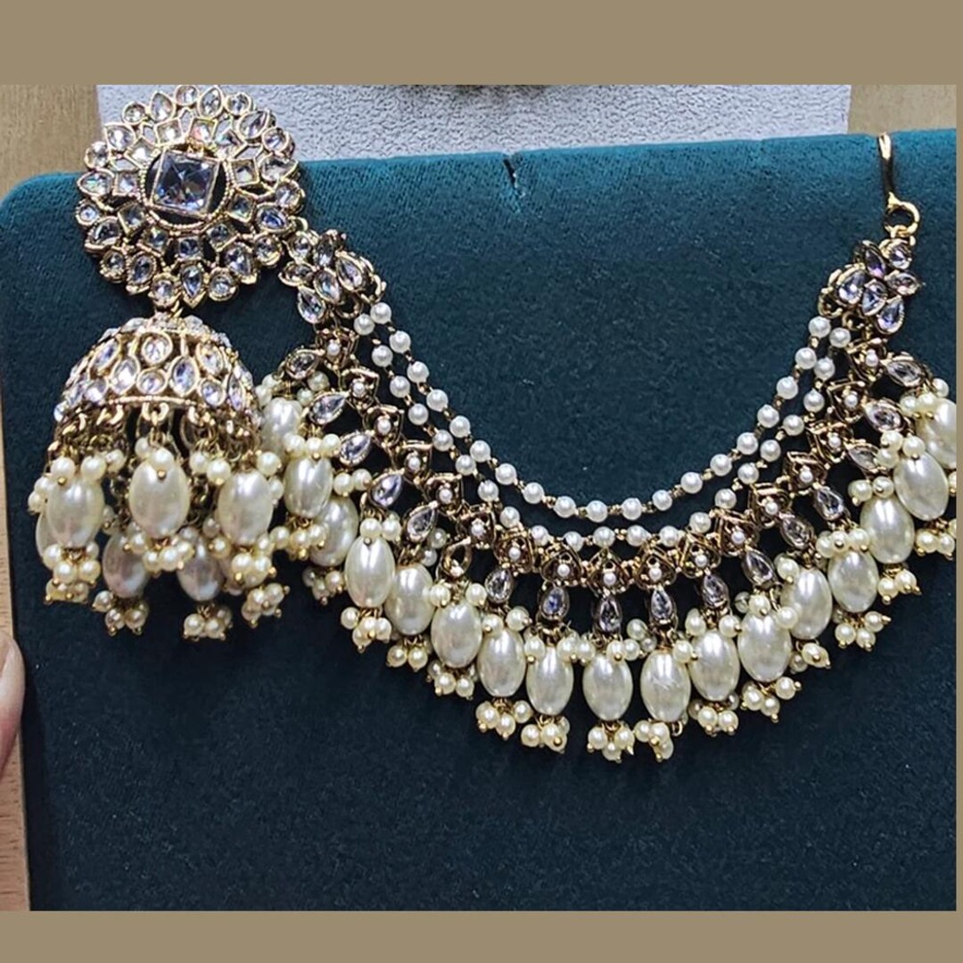 Bahubali Jhumka Style Long Chain Earring Maangtikka Set, Pearl Mirror ...
