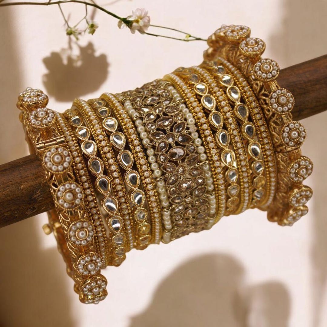 Golden Kundan Ranisa Bangles With Pearl Openable Kada, Bridal Bangles ...