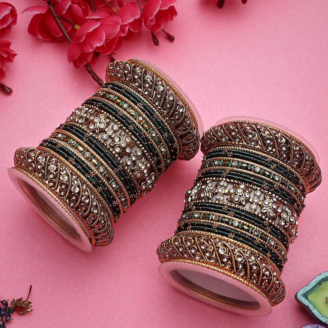 Indian Bridal Bangle Set, Silk Thread Stones Pacheli Kada With Dotted Bangles, Wedding Bangles ...