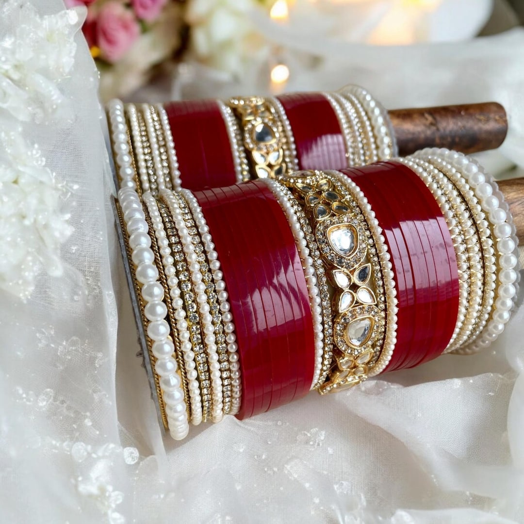 Indian Punjabi Bridal Kundan Pearl Beaded Chuda Set, Sikh Wedding ...
