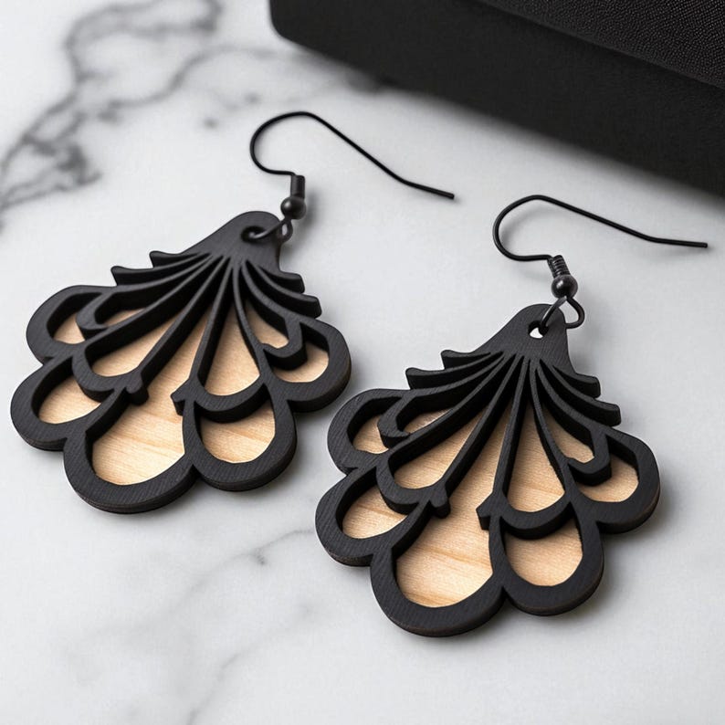 Laser Cut Black Wood Drop Earrings Bohemian Fan Dangles (style No ...
