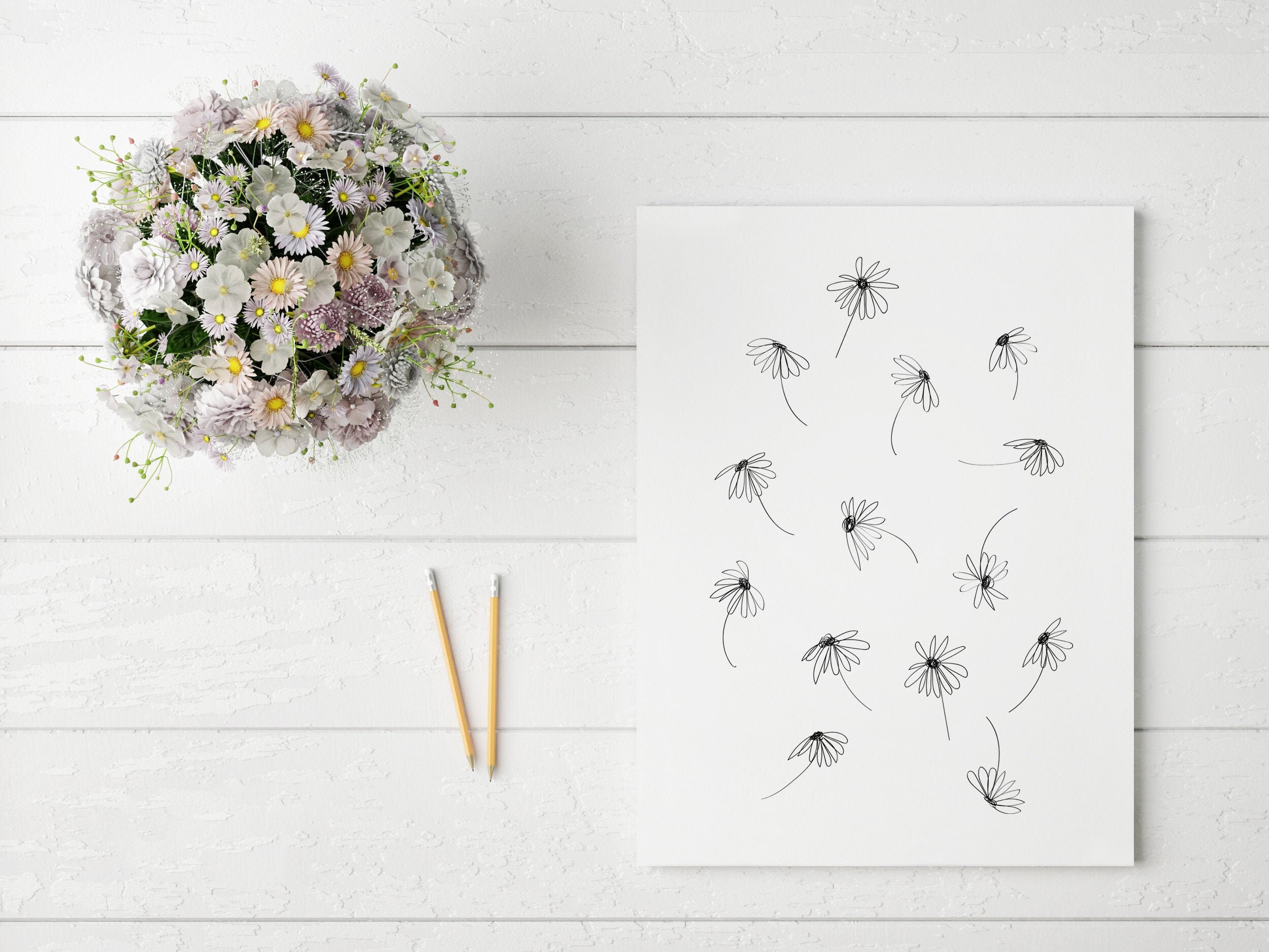 Daisy Line Artone Line Drawingfloral Wall Artbotanical | Etsy