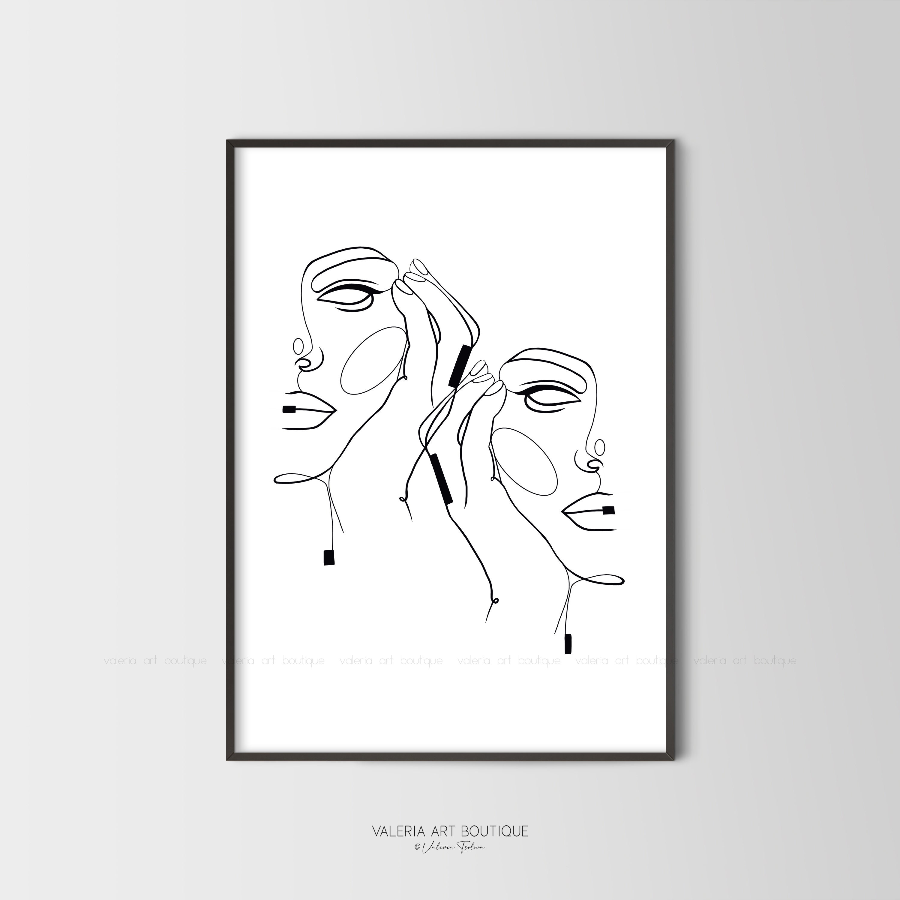 Two Faces Line Art Print,abstract Face Drawing,female Poster,black and ...