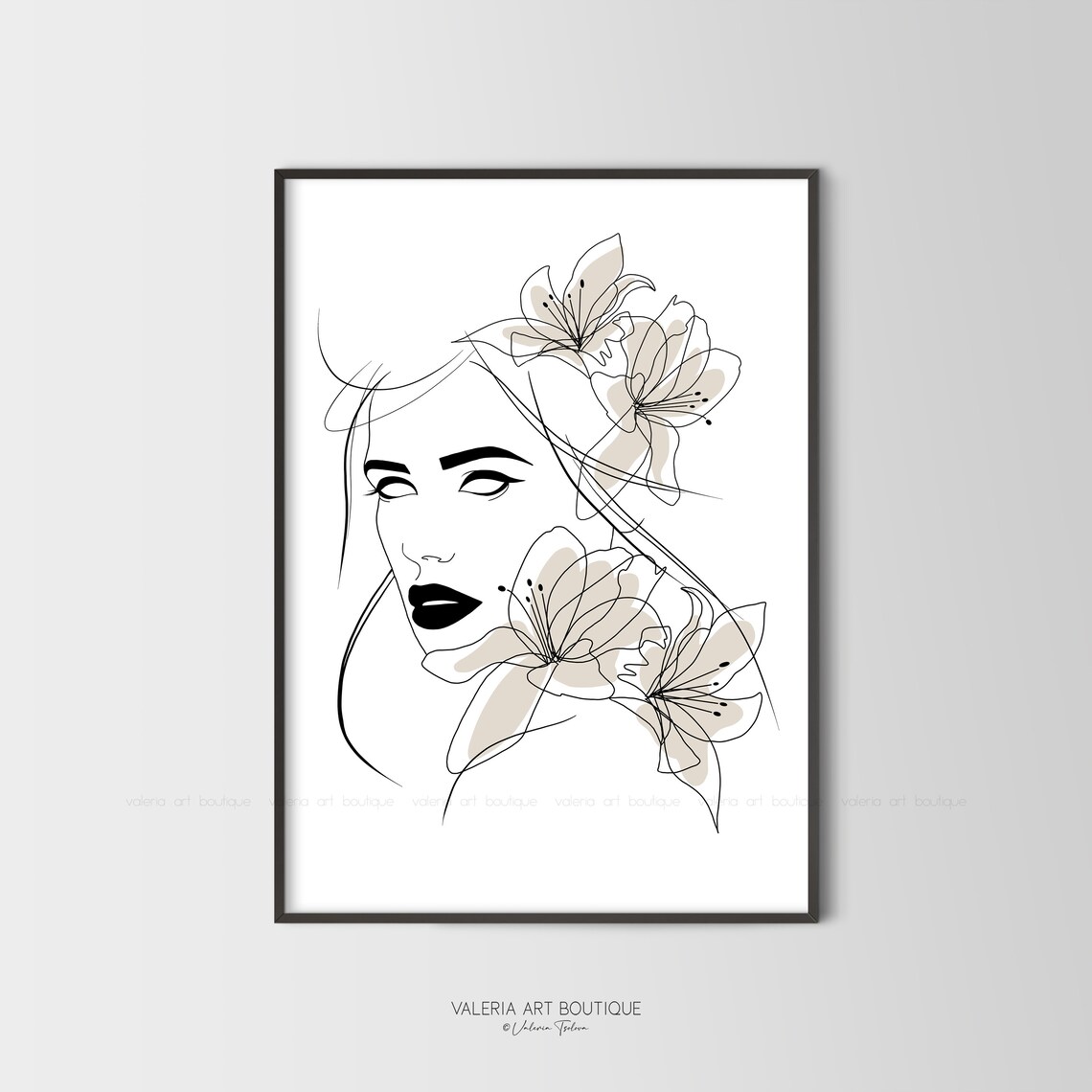 Woman Line Art Print: Neutral Face and Flowers (digital Download) - Etsy