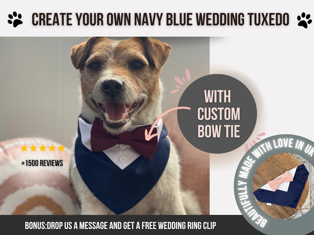 Navy Blue Dog Wedding Tuxedo, CUSTOM Colour Bow Tie, Dog Wedding Outfit, Dog Wedding Bandana ...