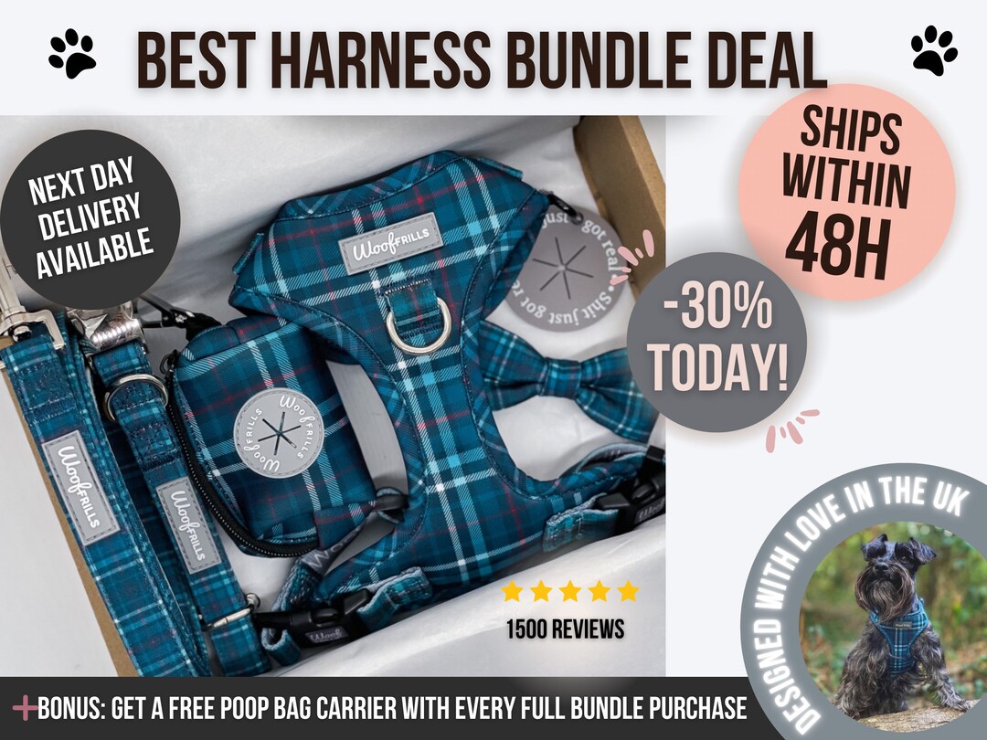 Tartan Dog Harness Bundle of Your Choice, Blue Dog Harness and Leash ...