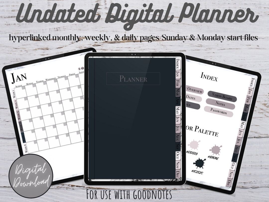 Undated Digital Planner, Dark Navy, Portrait Planner, Minimalist ...
