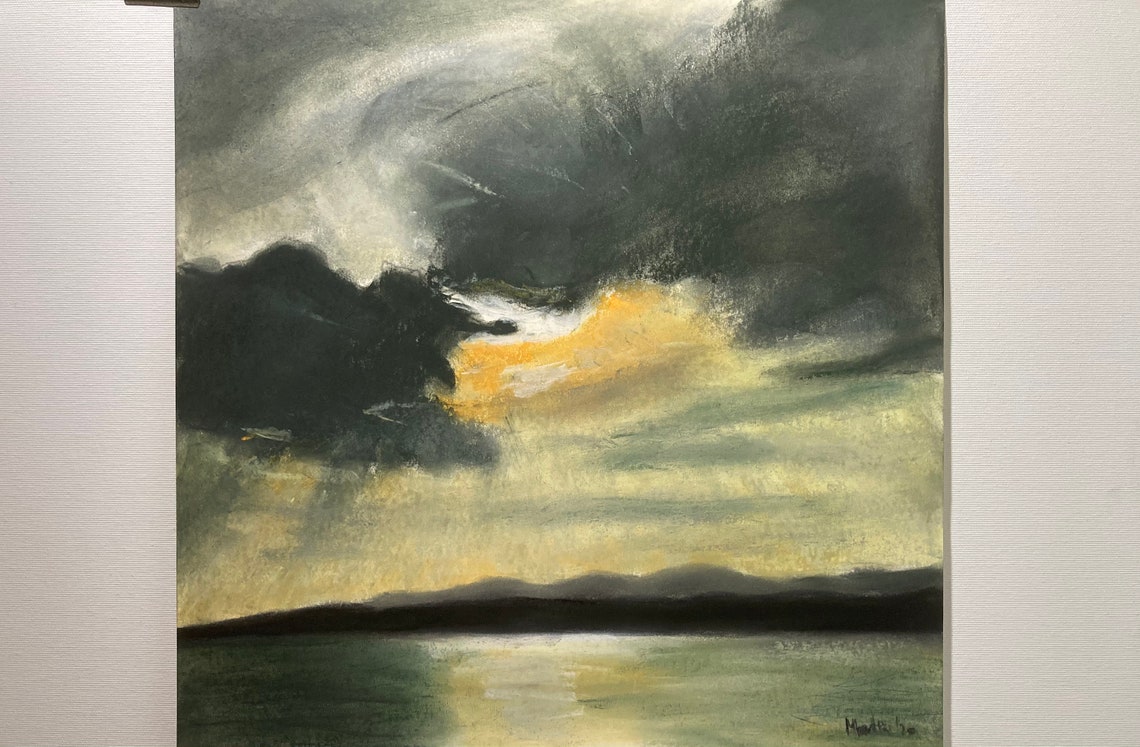 Seascape With Coastline, Beautiful Yellow Sky With Sun Behind Dark ...
