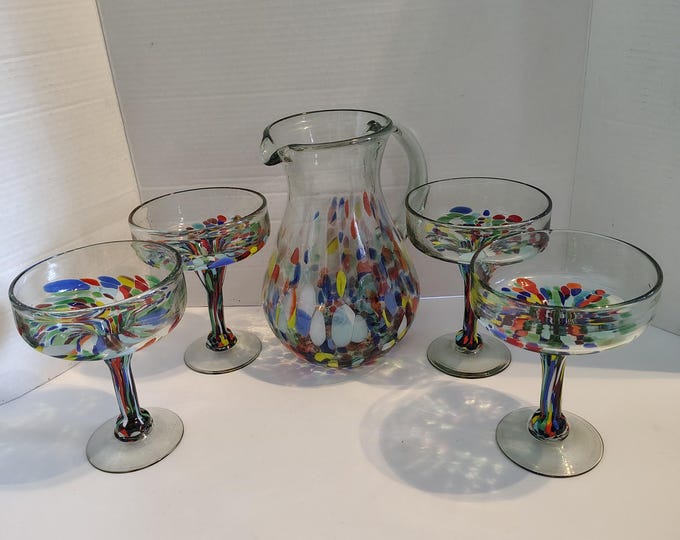 5 Mexican Confetti 4 Margarita Glasses With Matching Pitcher in Great ...