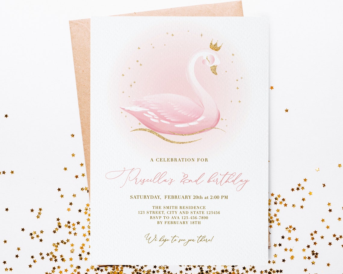 Swan birthday invitation Girl birthday swan princess Pink | Etsy