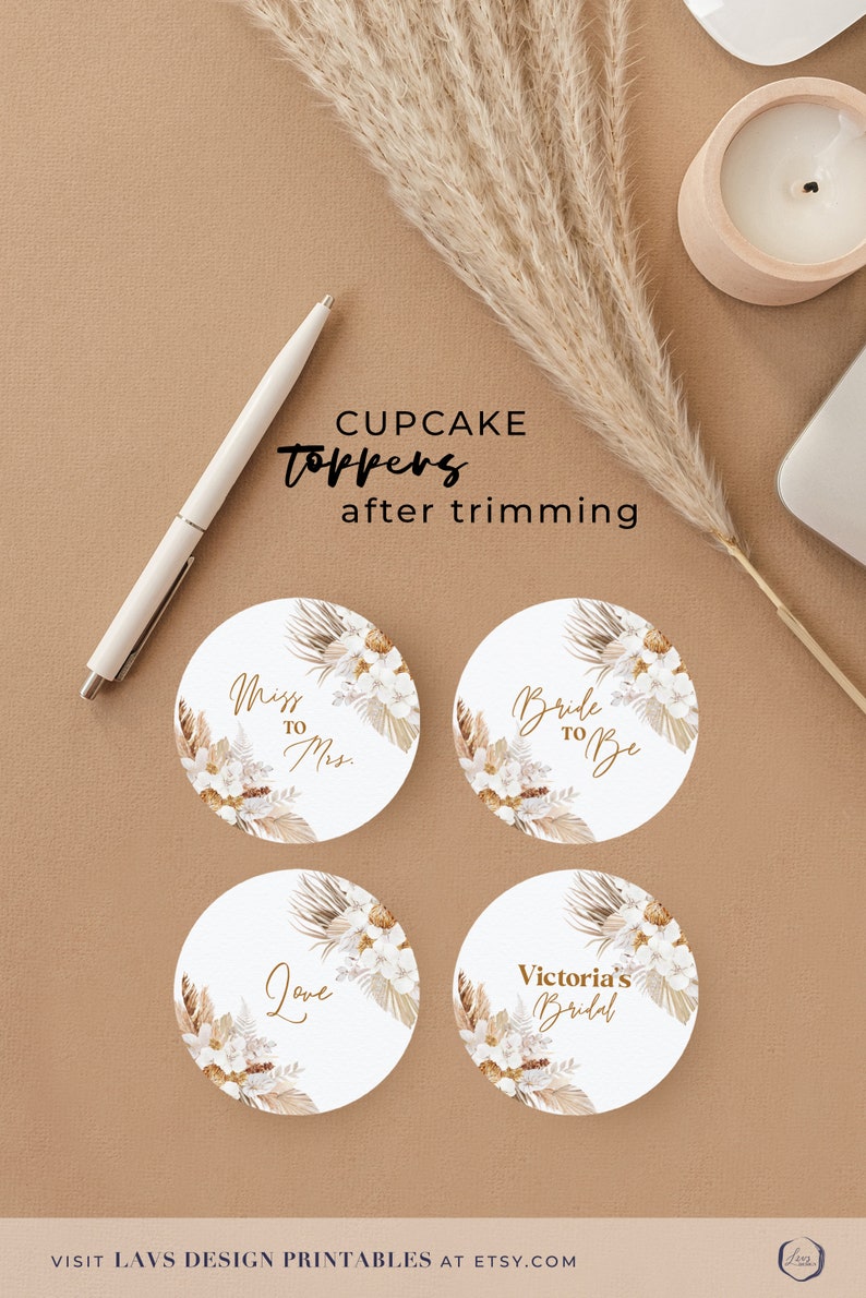 4 EDITABLE boho cupcake toppers template Bridal shower | Etsy