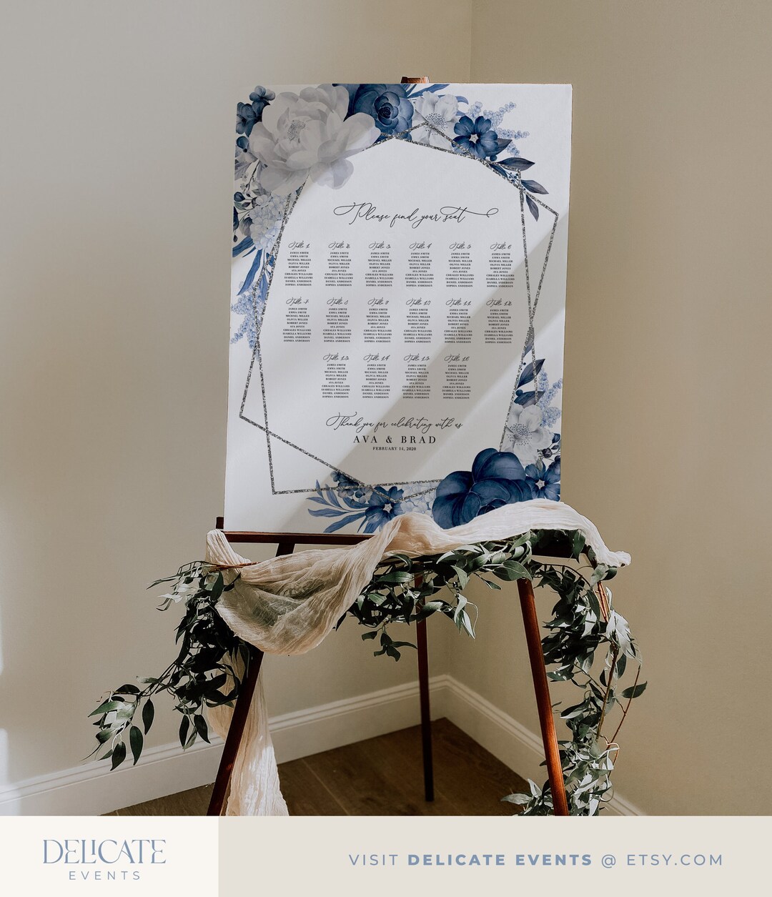 Silver Blue Wedding Seating Chart Template Printable, Printable Seating ...