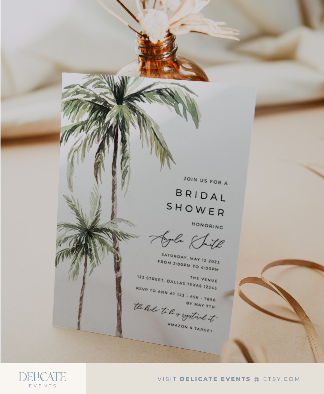 Palm Tree Bridal Shower Invitation Template, Tropical Minimalist Bridal ...