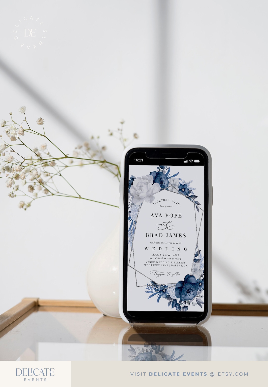 Silver Dusty Blue Wedding Evite Template, Editable Mobile E-invite ...