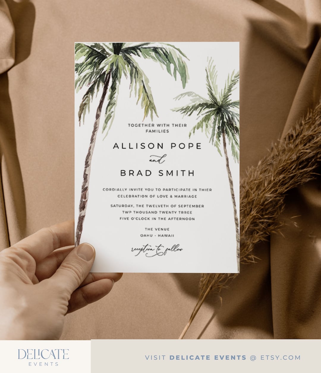 Editable Palm Tree Wedding Invitation Template: Tropical Beach Design ...
