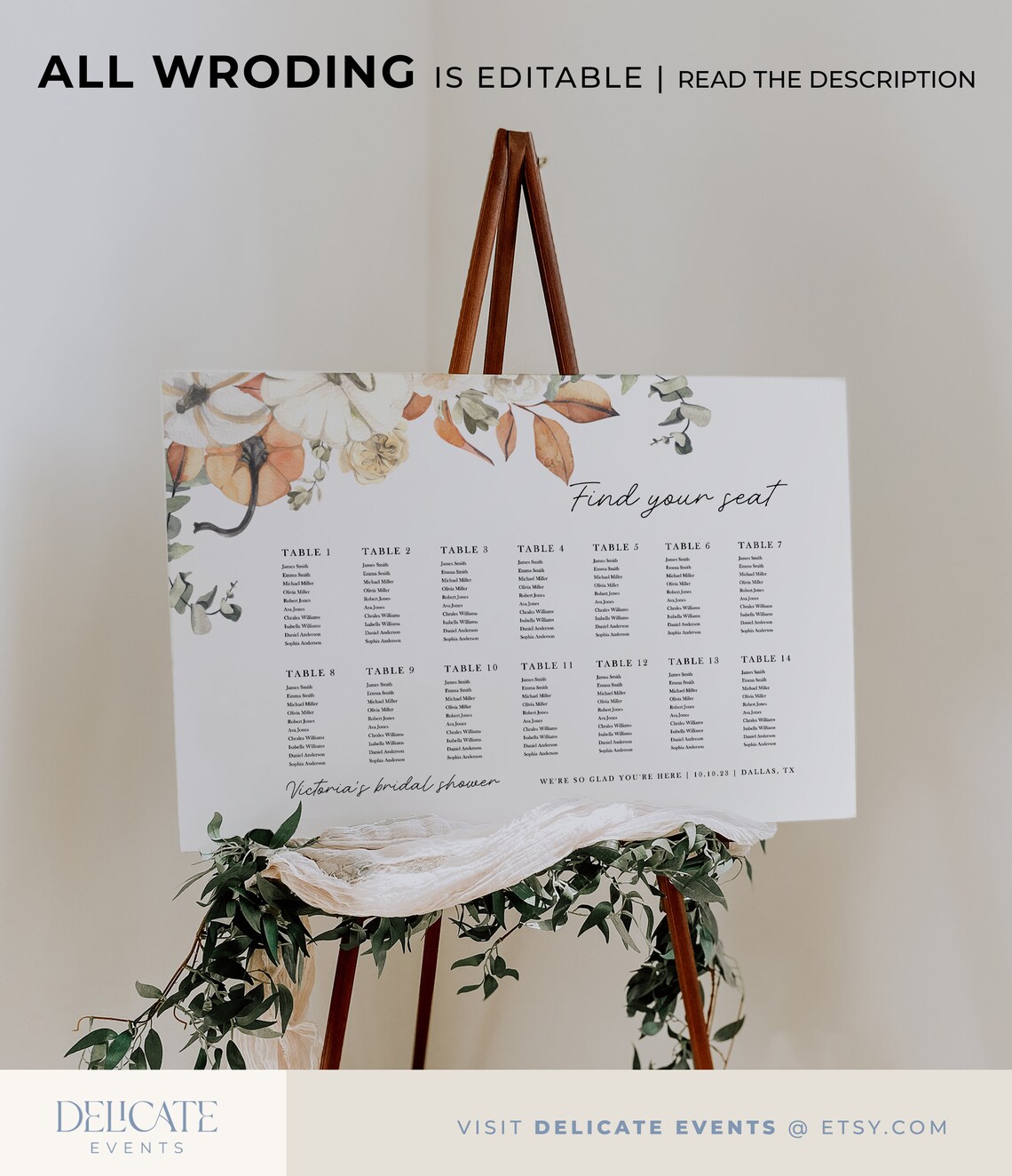 Fall Printable Seating Chart Template, Autumn Wedding Seating Sign ...