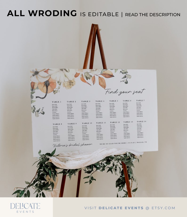 Fall Printable Seating Chart Template, Autumn Wedding Seating Sign ...