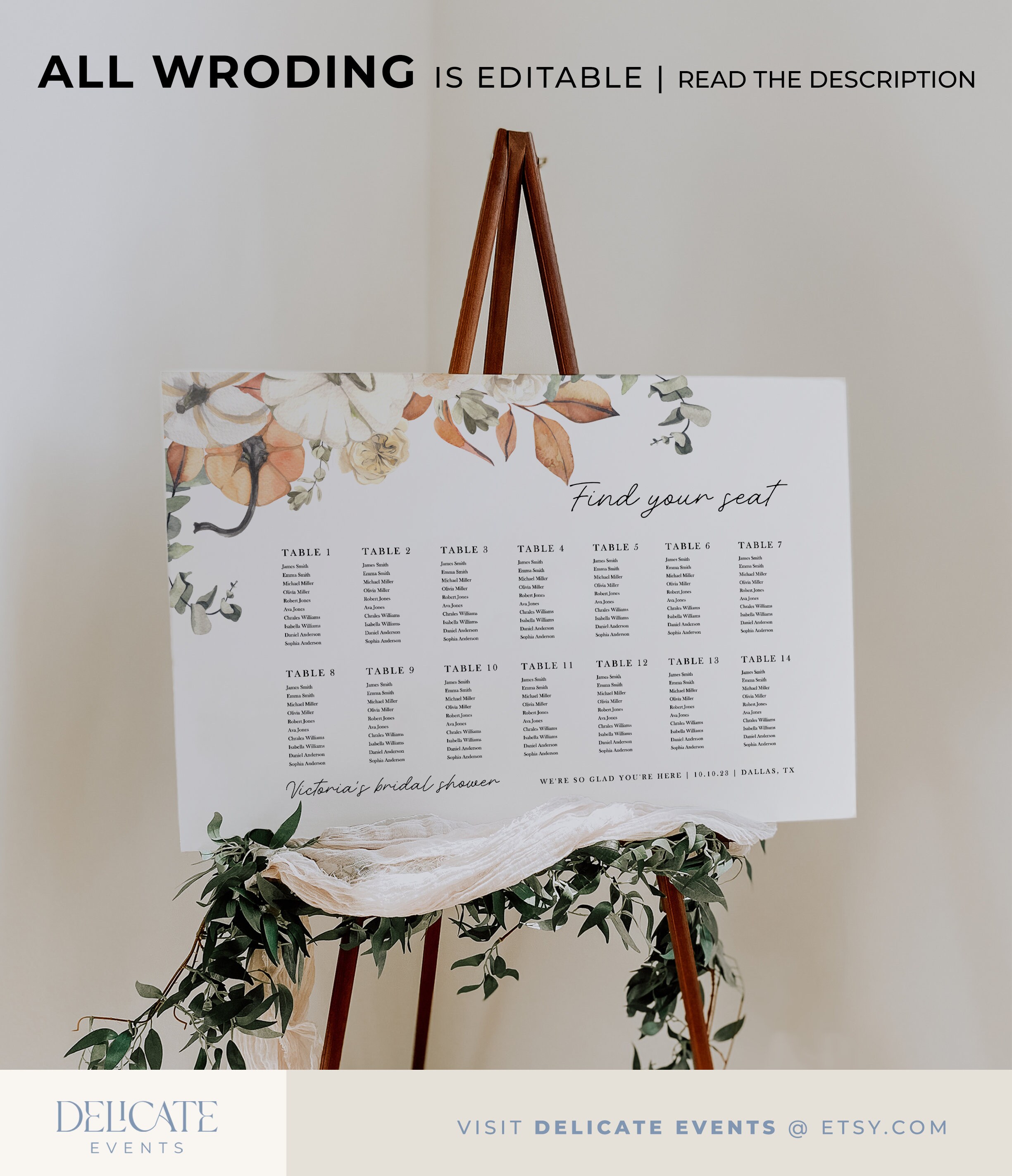 Fall Printable Seating Chart Template, Autumn Wedding Seating Sign ...