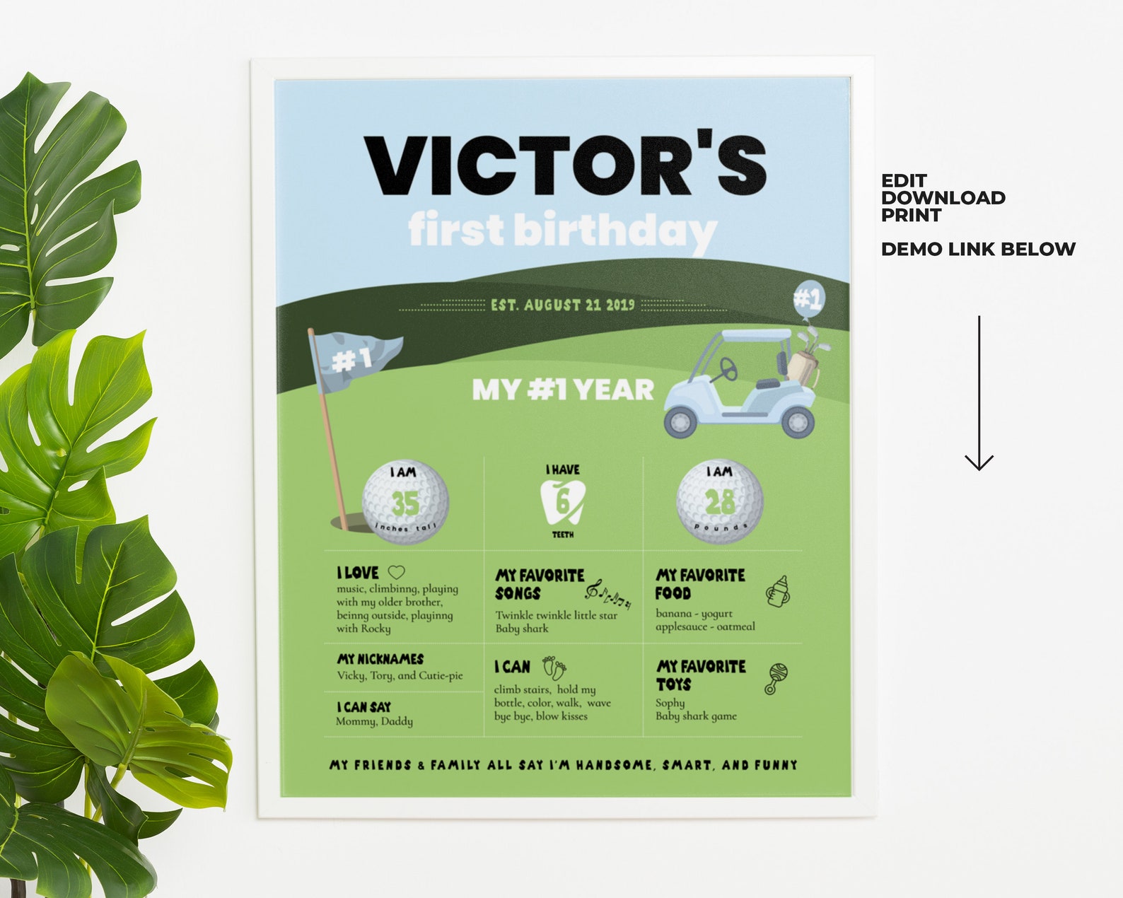 Golf 1st birthday poster printable Milestone poster download | Etsy