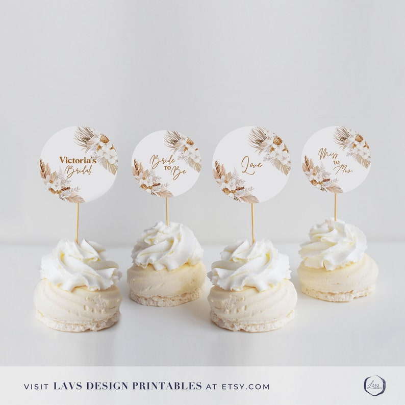 4 EDITABLE boho cupcake toppers template Bridal shower | Etsy