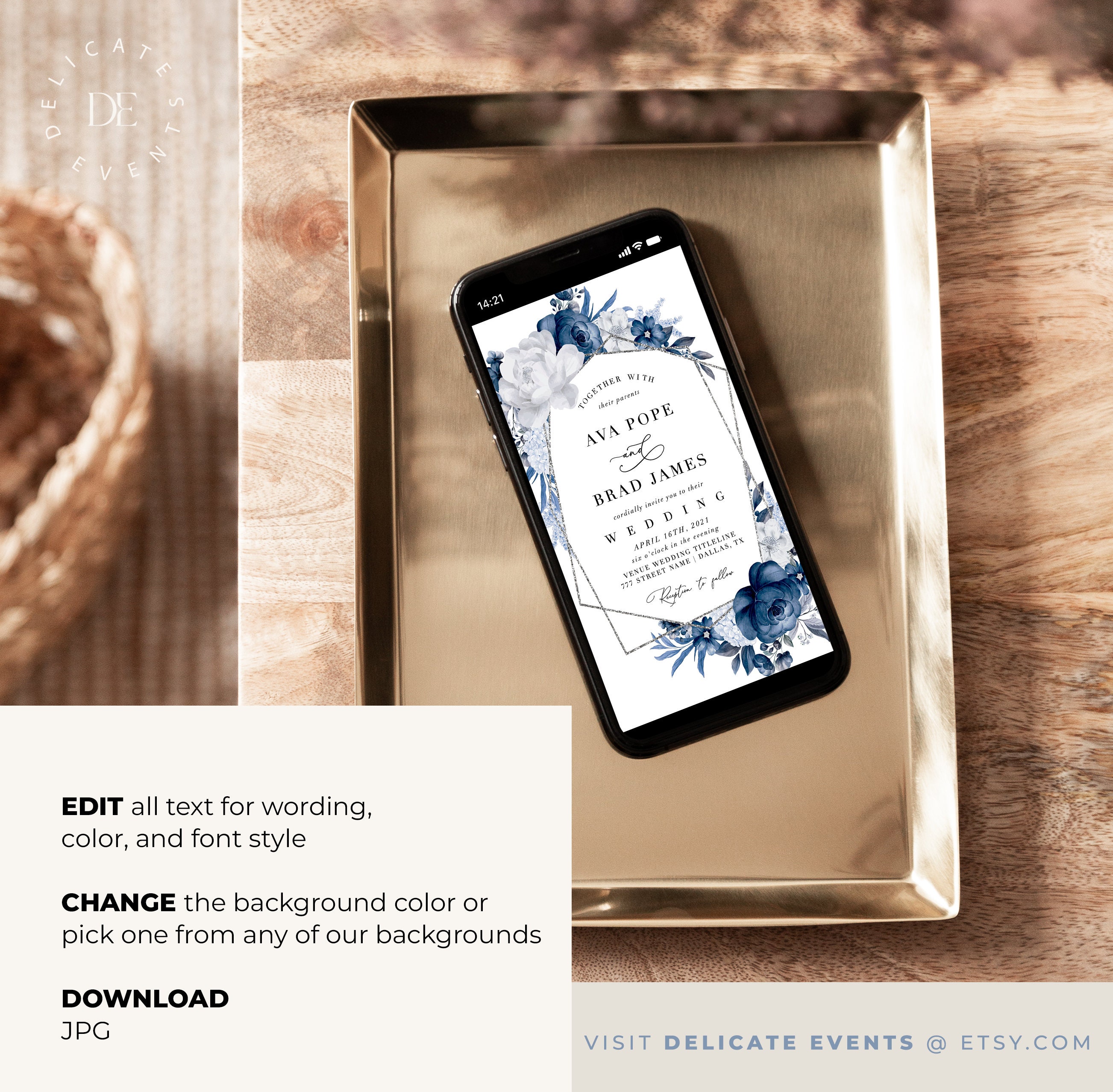 Silver Dusty Blue Wedding Evite Template Editable Mobile - Etsy