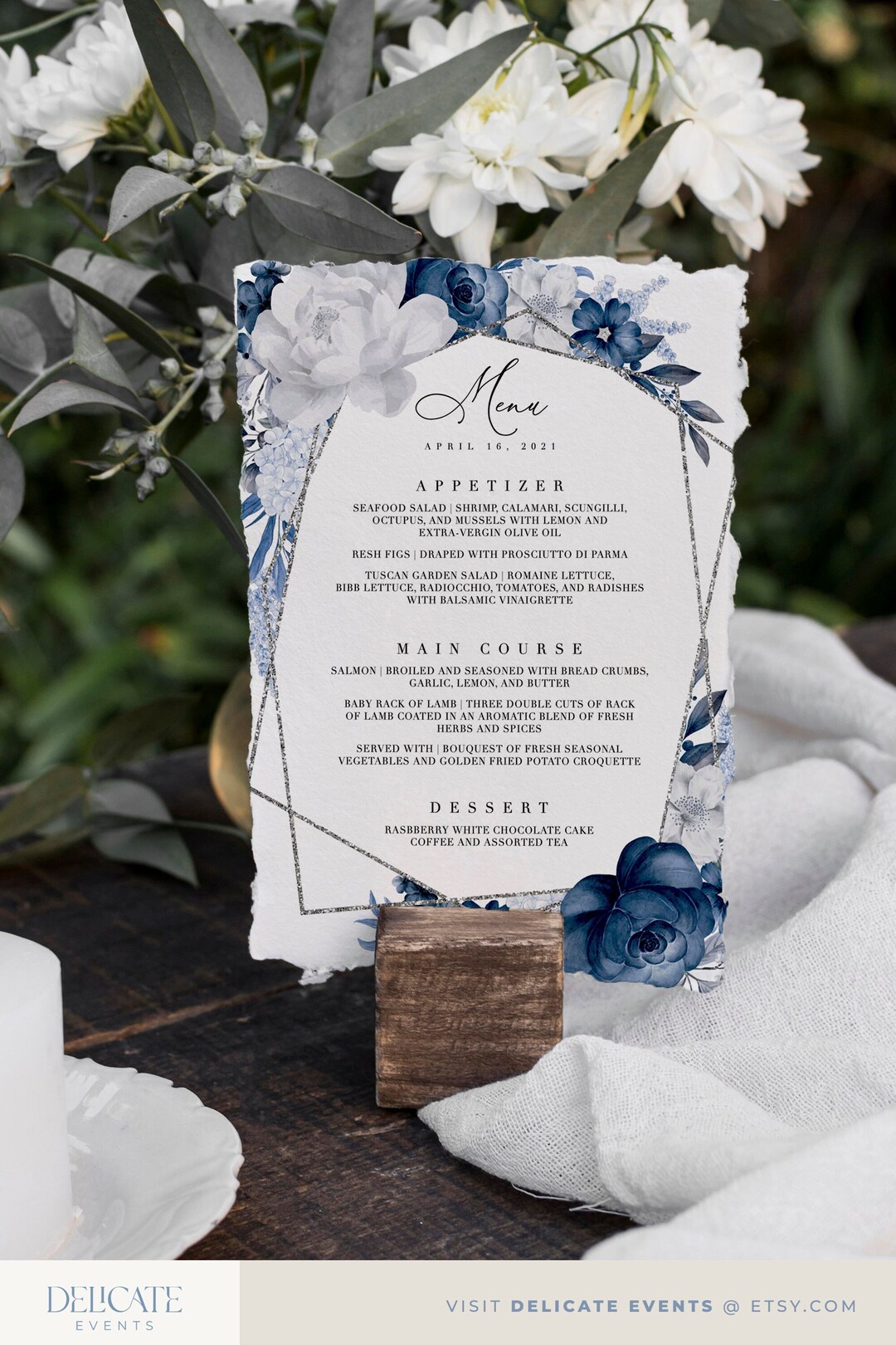 Silver Dusty Blue Wedding Menu Cards Template, Geometric Navy Blue ...