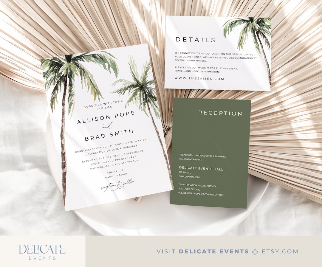 Palm Tree Wedding Invitation Template, Minimal Tropical Wedding Invitation Suite, Beach Wedding ...
