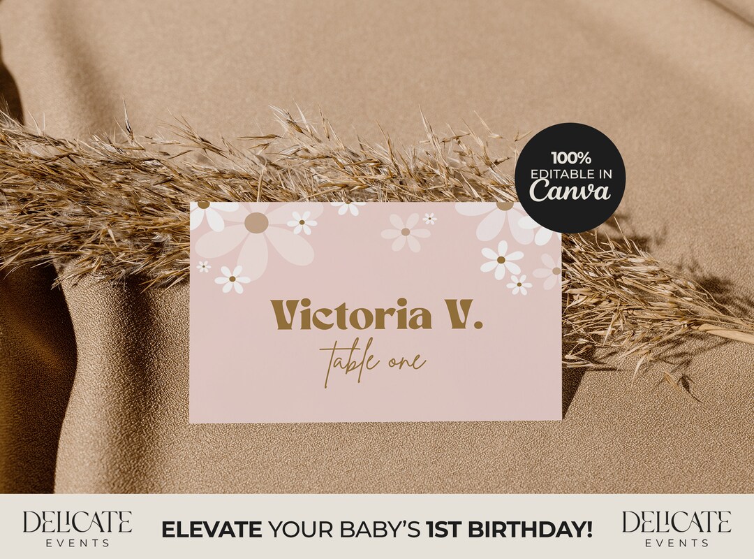 Editable Daisy Name Card Canva Template, Pink Daisy Birthday Party ...