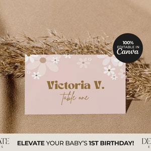 Editable Daisy Name Card Canva Template, Pink Daisy Birthday Party ...