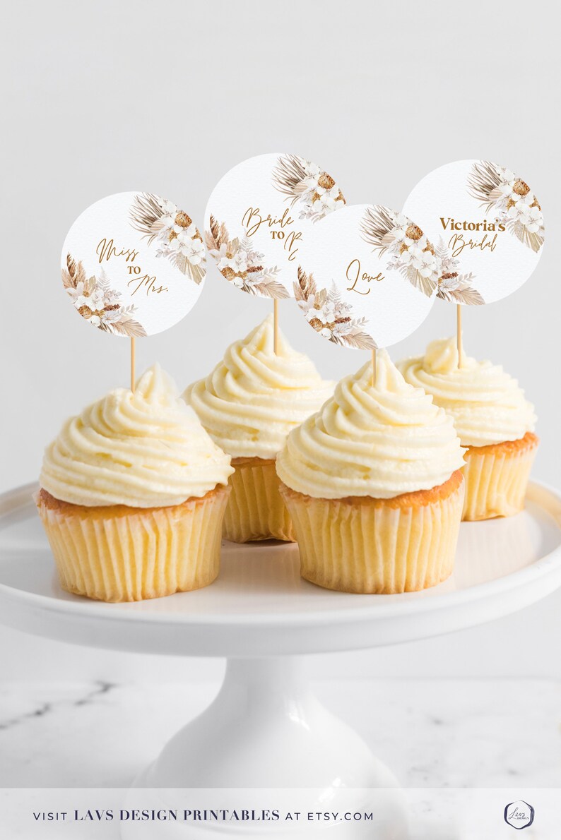 4 EDITABLE boho cupcake toppers template Bridal shower | Etsy