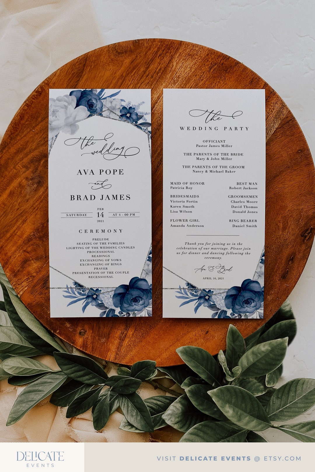 Silver Dusty Blue Wedding Program Template, Calligraphy Wedding ...