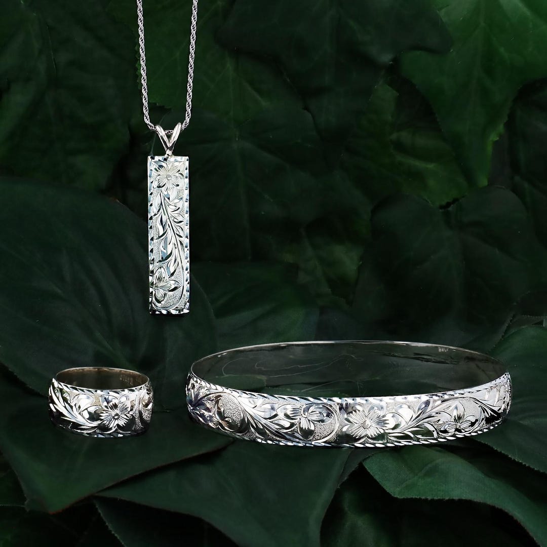 Handmade 10mm Hawaiian Sterling Silver Jewelry Set: Maile Bracelet ...