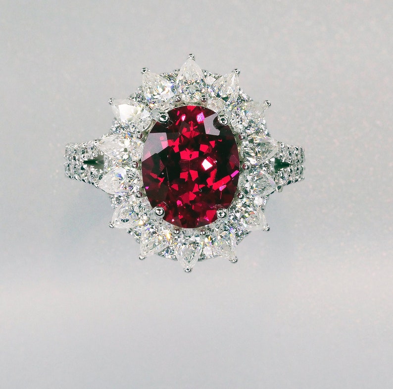 Lab Grown Ruby Engagement Ring: 14kt White Gold Halo Moissanite - Etsy