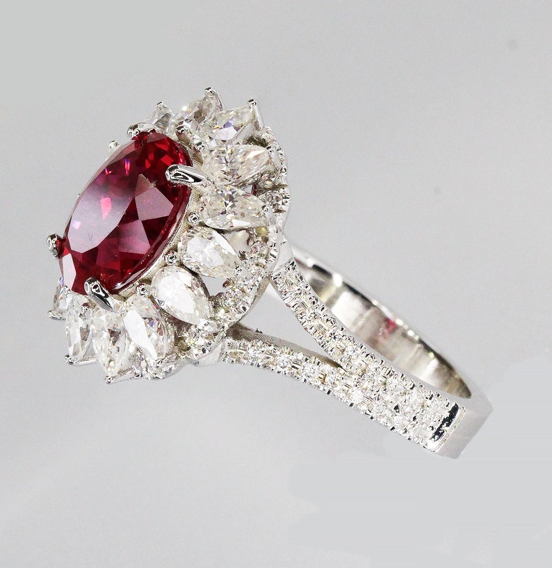 Lab Grown Ruby Engagement Ring: 14kt White Gold Halo Moissanite - Etsy